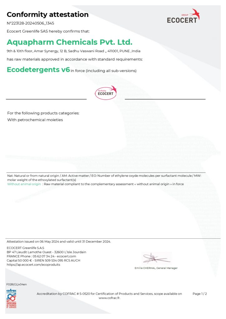 Aquapharm Chemicals - Certifications for Quality Assurance