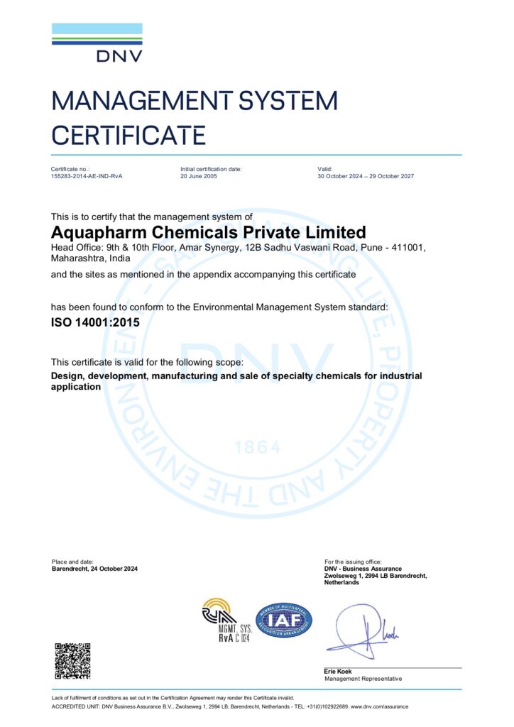 Aquapharm Chemicals - Certifications for Quality Assurance